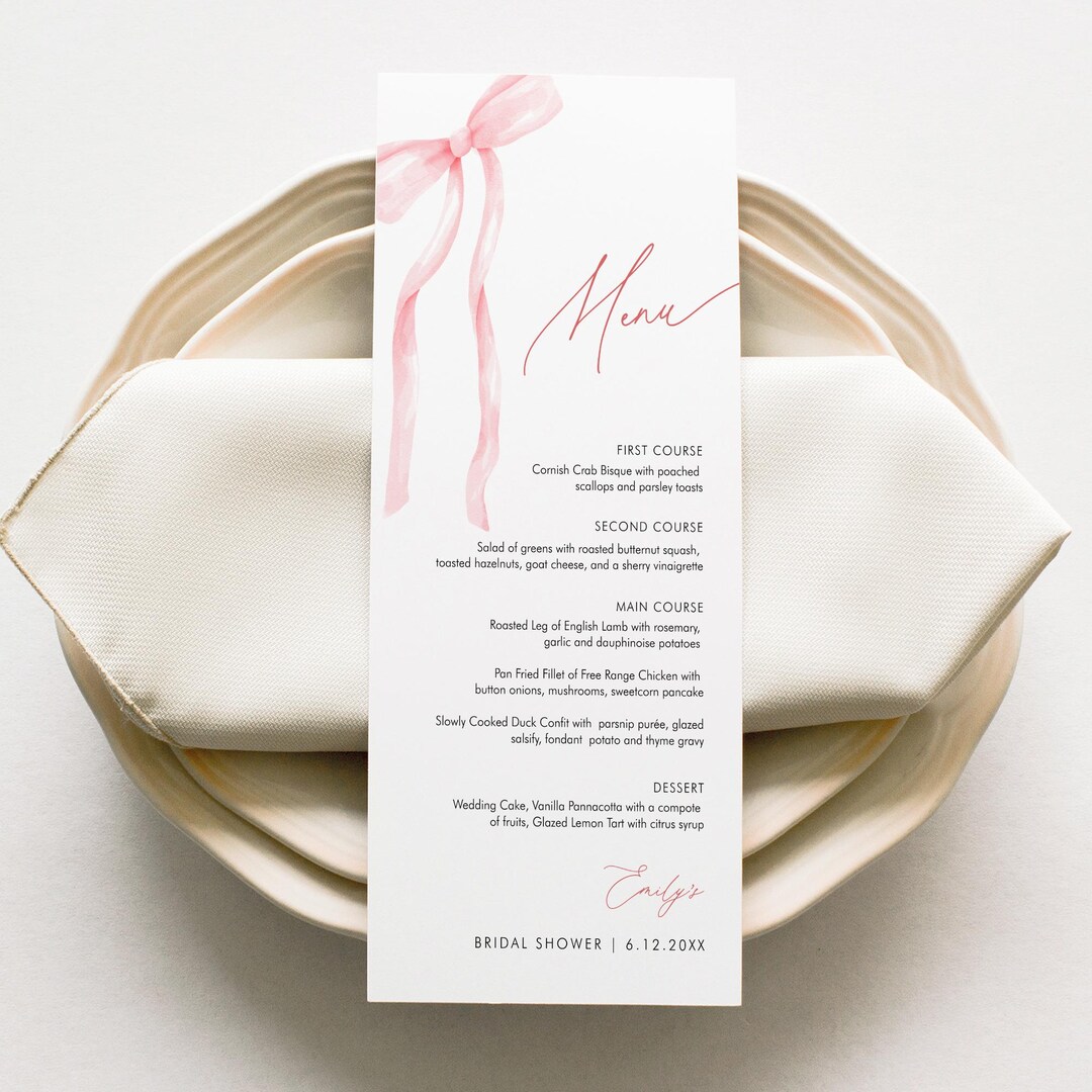 Coquette Pink Bow Menu, Printable Bridal / Baby Shower Dinner Menu Card ...