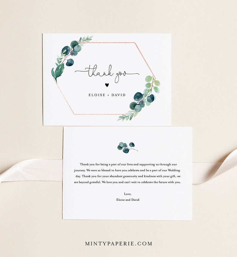 Greenery Thank You Card Template Editable Wedding Bridal | Etsy