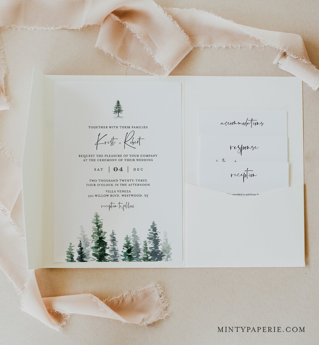 Winter Pine Pocket Wedding Invitation Set, Pine Tree Invite & Enclosure ...