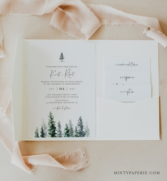 Winter Pine Pocket Wedding Invitation Set Pine Tree Invite & | Etsy