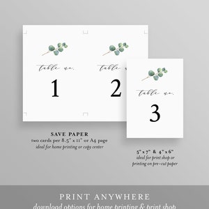 Eucalyptus Table Number Card, Greenery Wedding Table Card, INSTANT ...