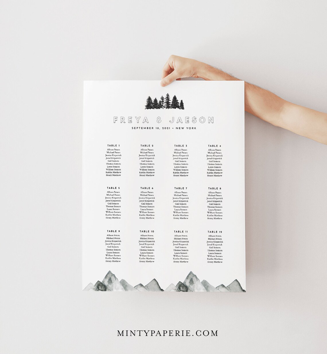 Mountain Seating Chart Poster, Printable Rustic Pine Wedding Seating ...
