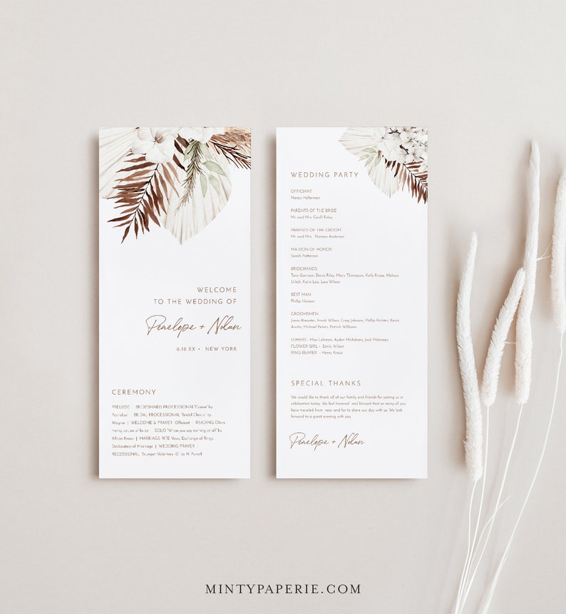 Bohemian Wedding Program Template Pampas Palm Boho Order of - Etsy