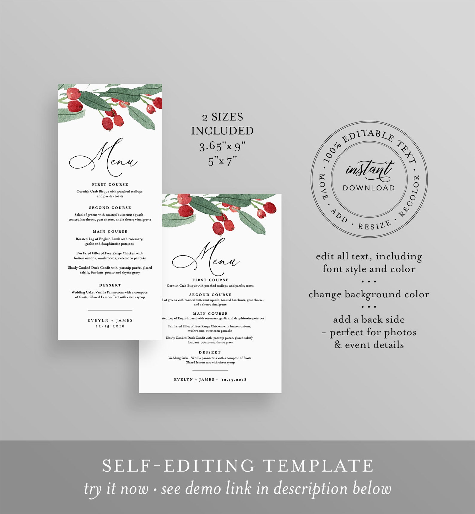 Menu Template Winter Wedding Menu Christmas Dinner Menu | Etsy