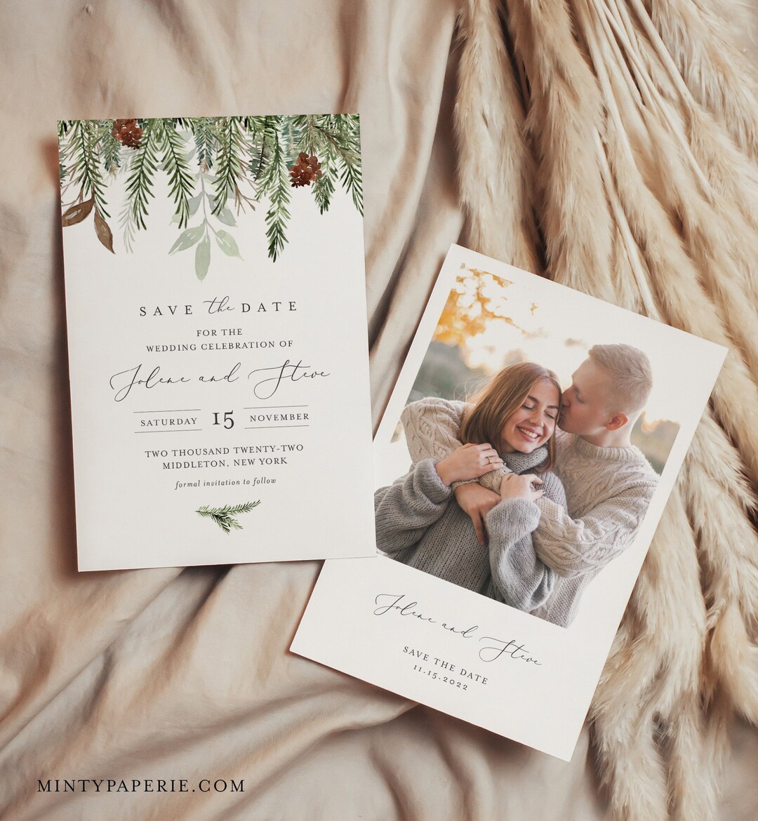 Winter Save the Date Template, 100% Editable Text, Pine Tree Wedding ...