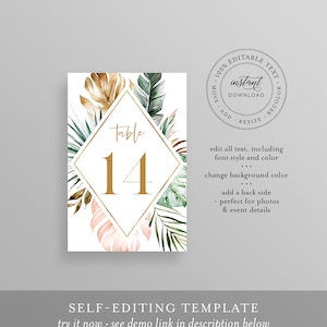 Tropical Table Number Card Template, Printable Lush Greenery & Gold ...