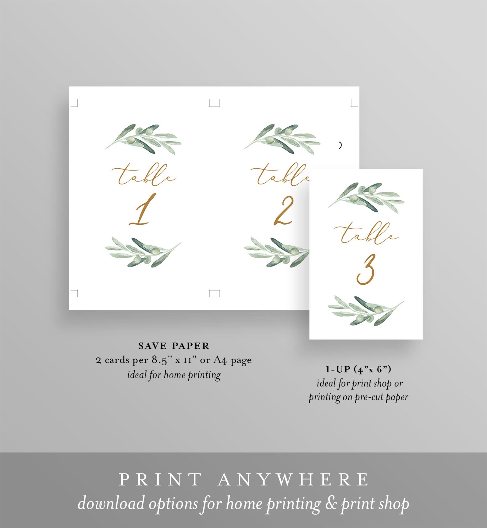 Table Number Card Template, Printable Olive Greenery Wedding Table ...
