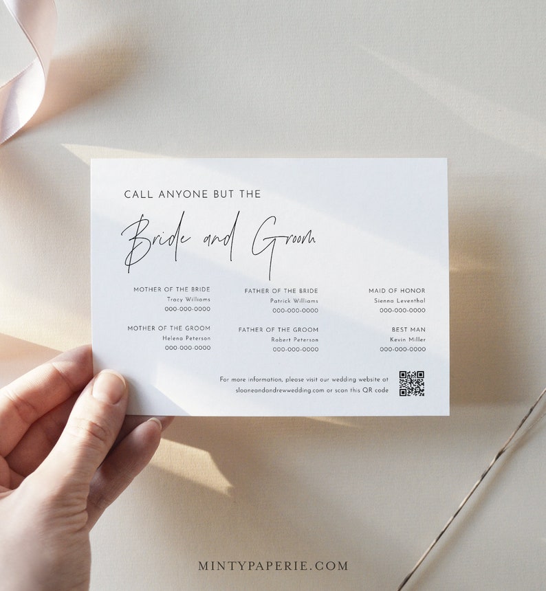 Call Anyone but the Bride Template Minimalist Wedding Contact - Etsy