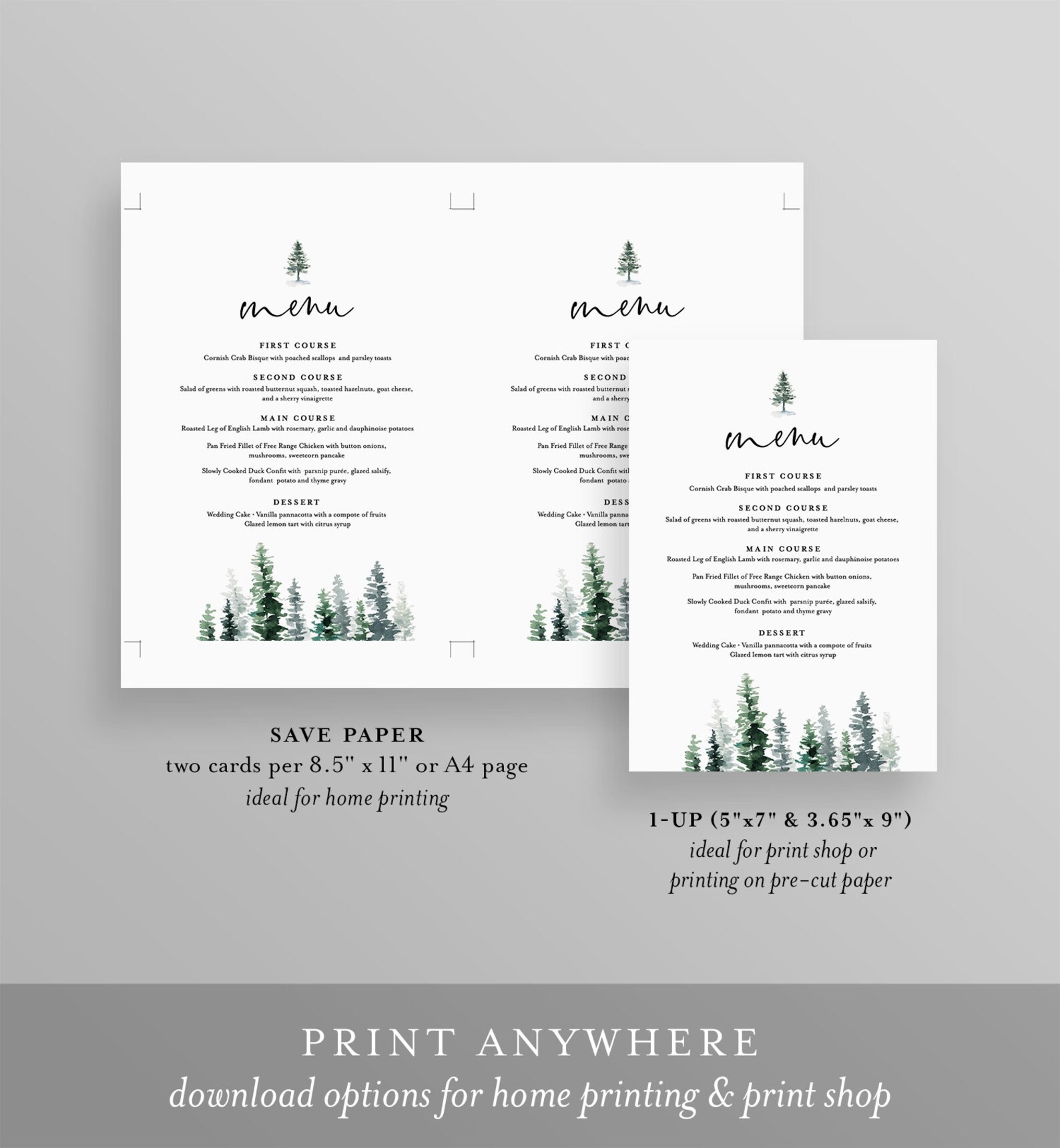 Menu Template Rustic Pine Tree Wedding Menu Card Printable | Etsy