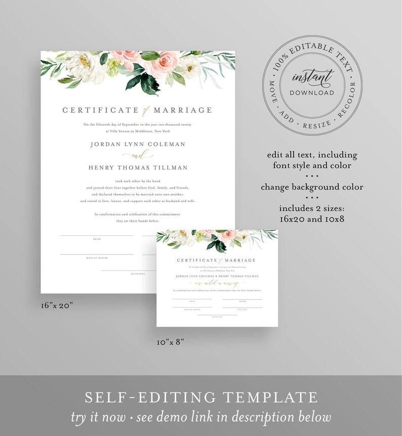 Marriage Certificate, Boho Blush Floral Wedding Certificate, Wedding ...