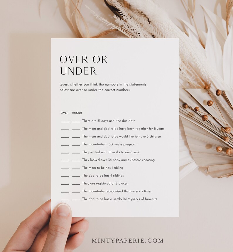 Over or Under Baby Shower Game, Printable Minimalist Baby Shower Game ...