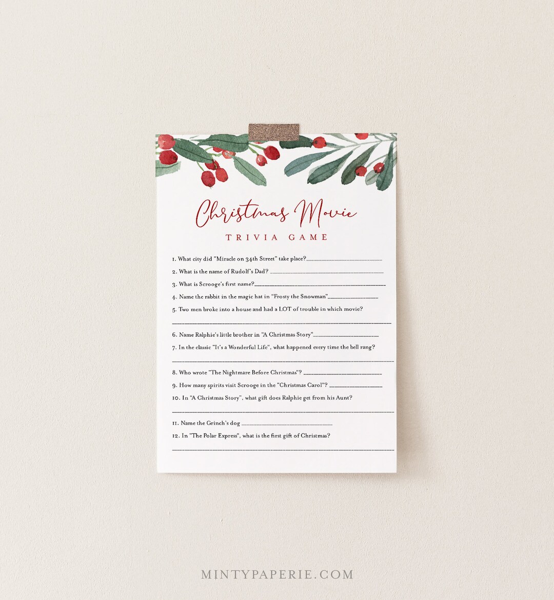 Christmas Movie Trivia Game, Holiday Party Game Printable, Family ...