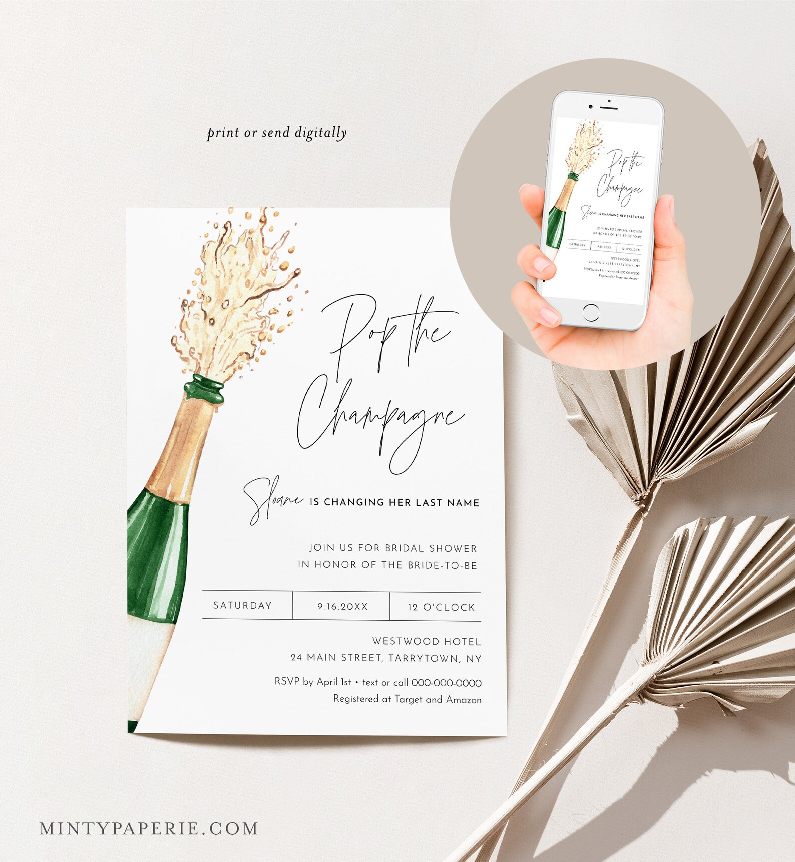 Pop the Champagne Bridal Shower Invitation Template, Brunch and Bubbly ...