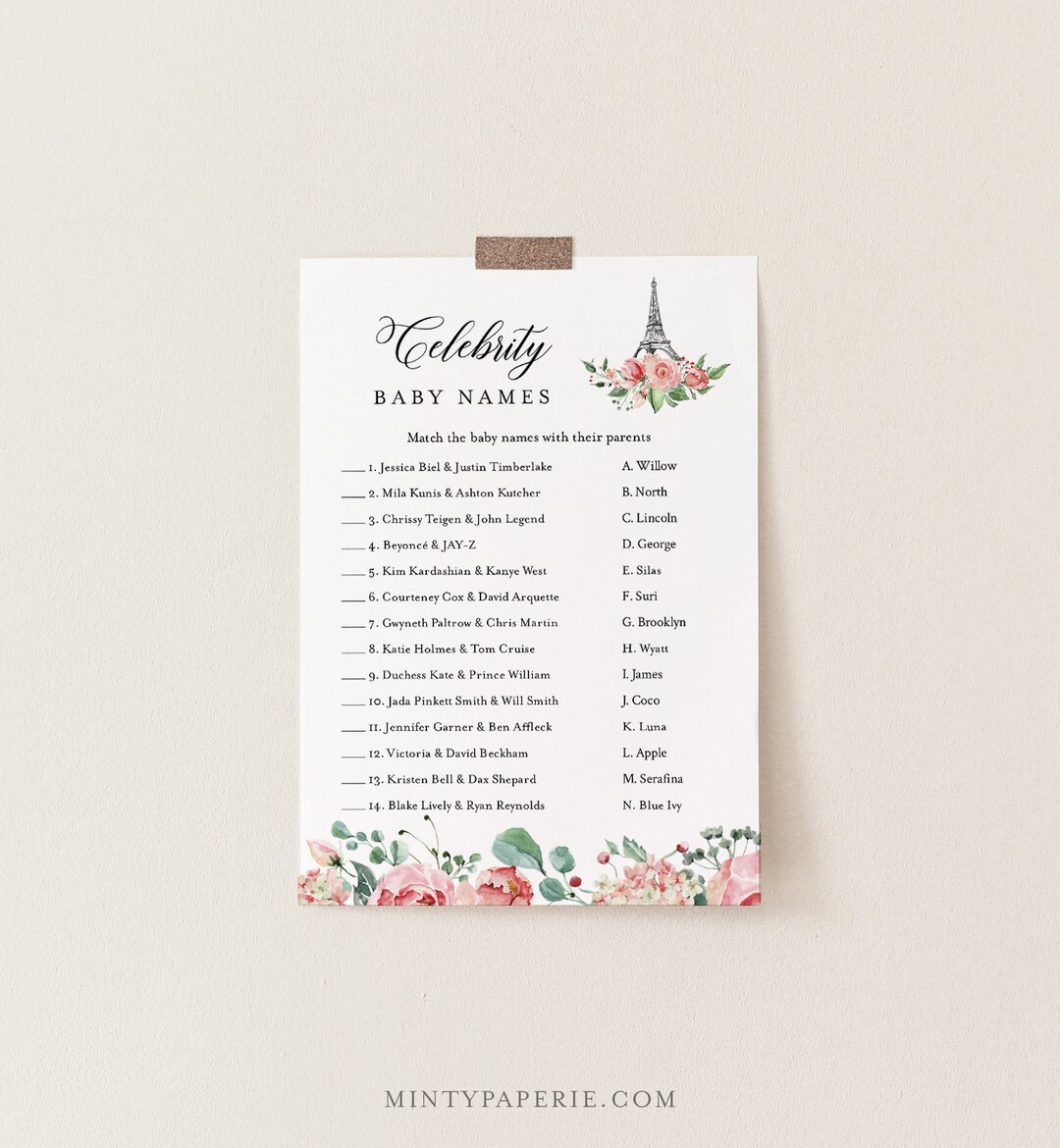 Celebrity Baby Name Game, Printable Paris Baby Shower Game, Baby Name ...