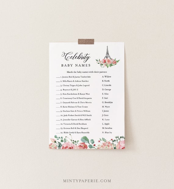 Celebrity Baby Name Game Printable Paris Baby Shower Game | Etsy
