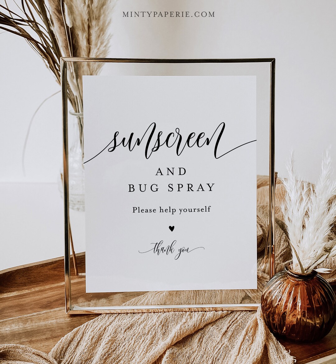 Sunscreen and Bug Spray Sign, Minimalist Outdoor Wedding Ceremony, 100% ...