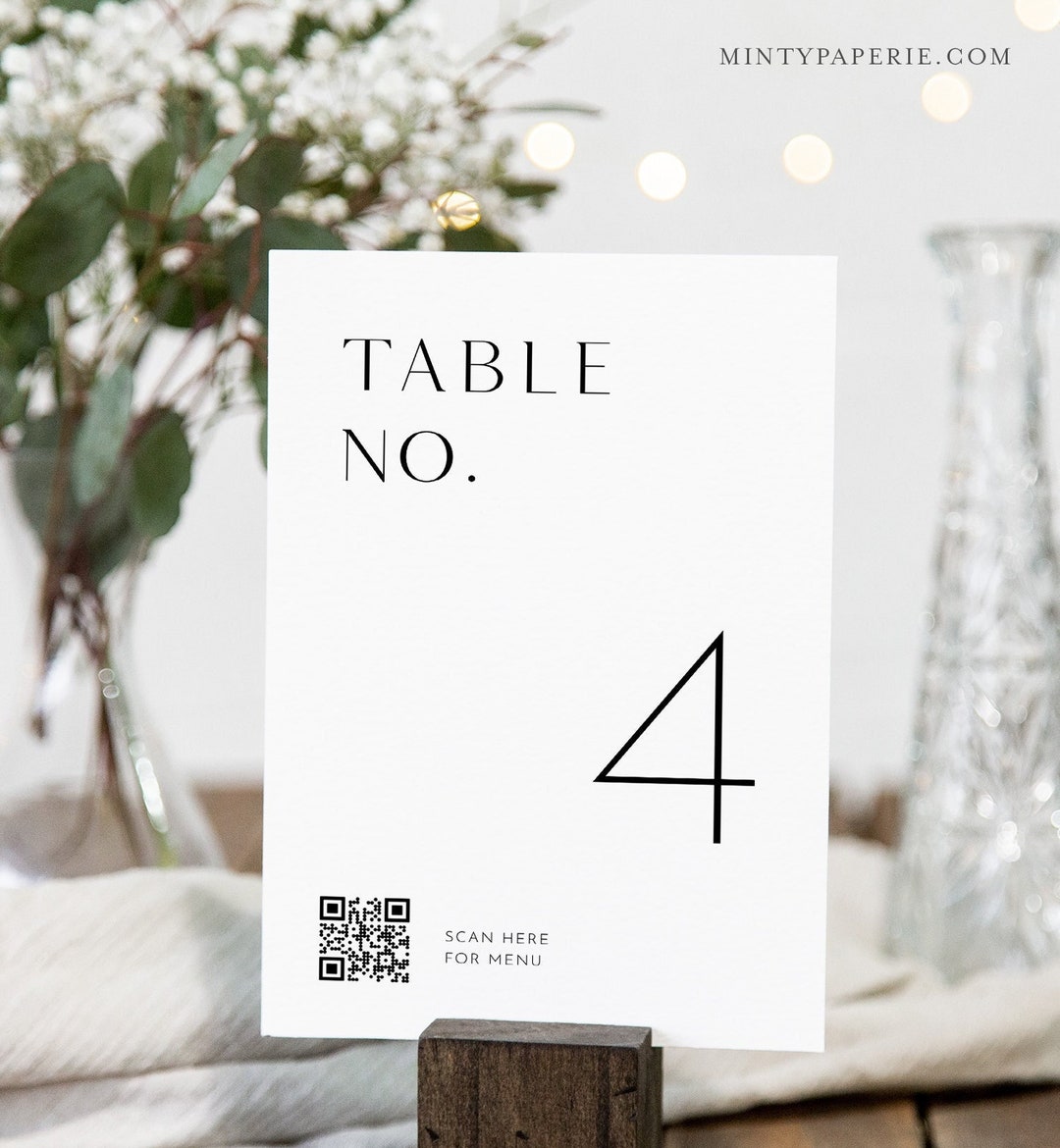 Table Number Card Template, QR Code Menu, Modern Minimal Wedding Table ...