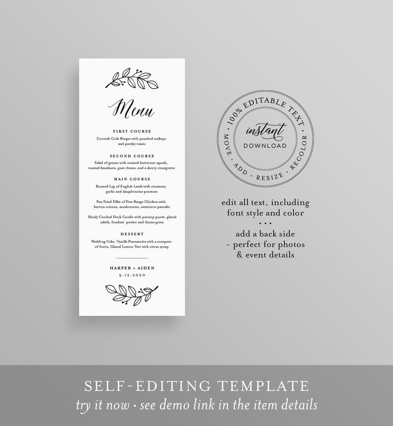 Rustic Laurel Menu Template Printable Minimalist & Simple - Etsy