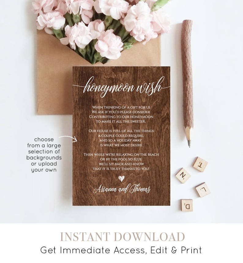 Honeymoon Wish Printable Card, Wedding Wishing Well Insert, Honeymoon ...