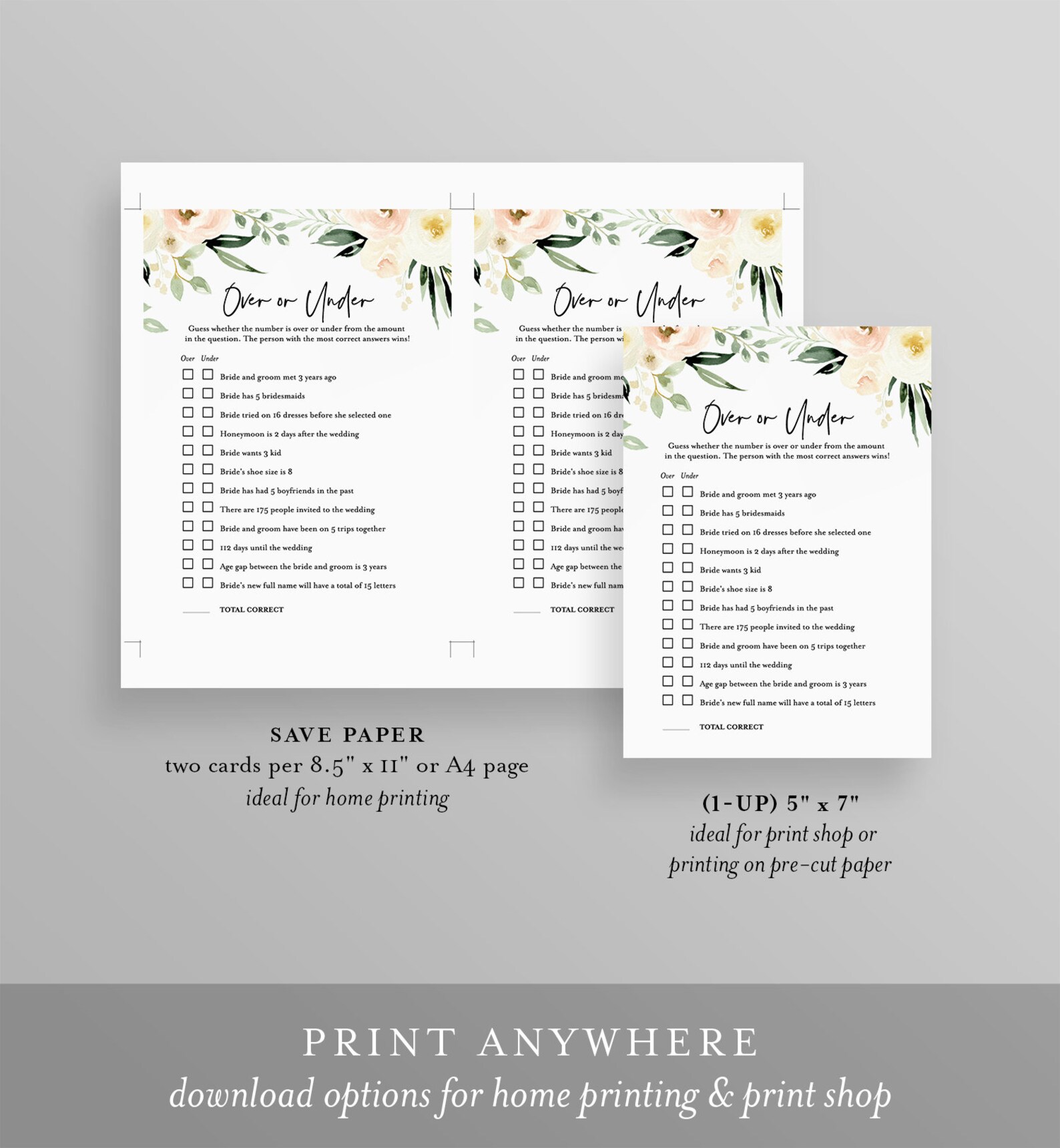Over or Under Bridal Shower Game Template Editable Questions - Etsy