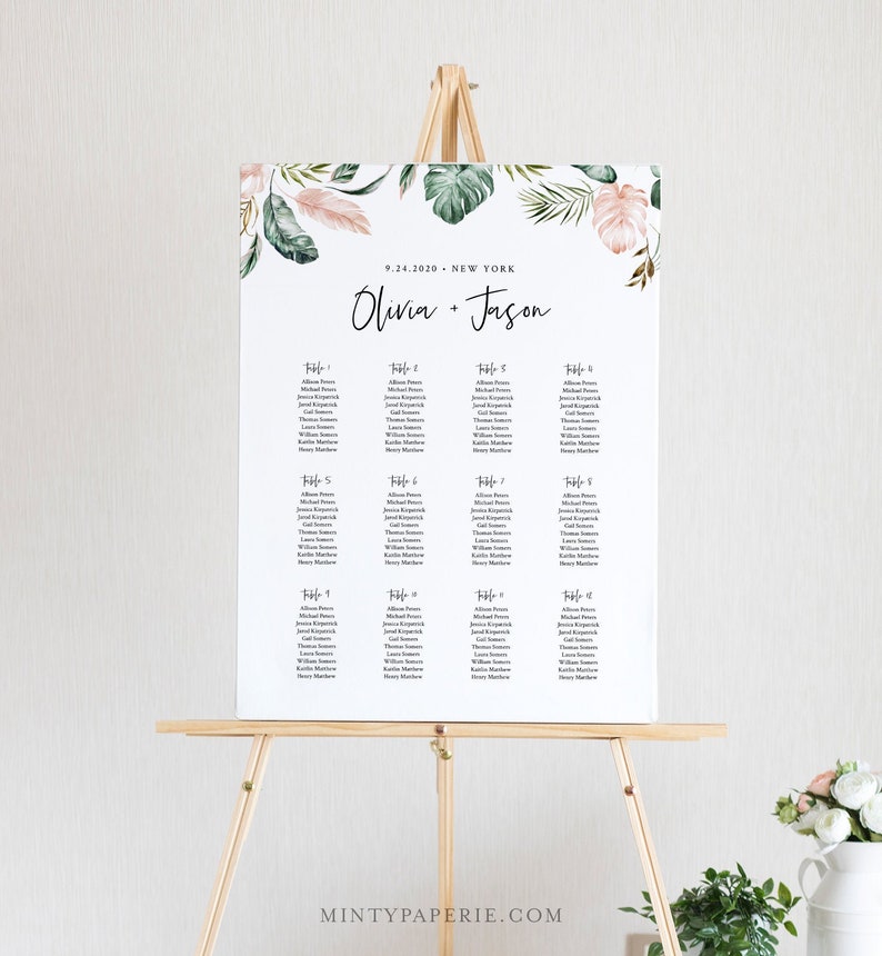 Tropical Seating Chart Template, Wedding Seating Sign, Alphabetical ...