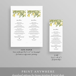 Lemon Menu Template, Summer Wedding Dinner Menu Card, Printable Citrus ...