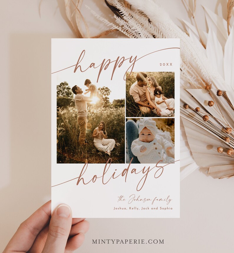 Boho Photo Holiday Card Template, Bohemian Christmas Card, Terracotta ...