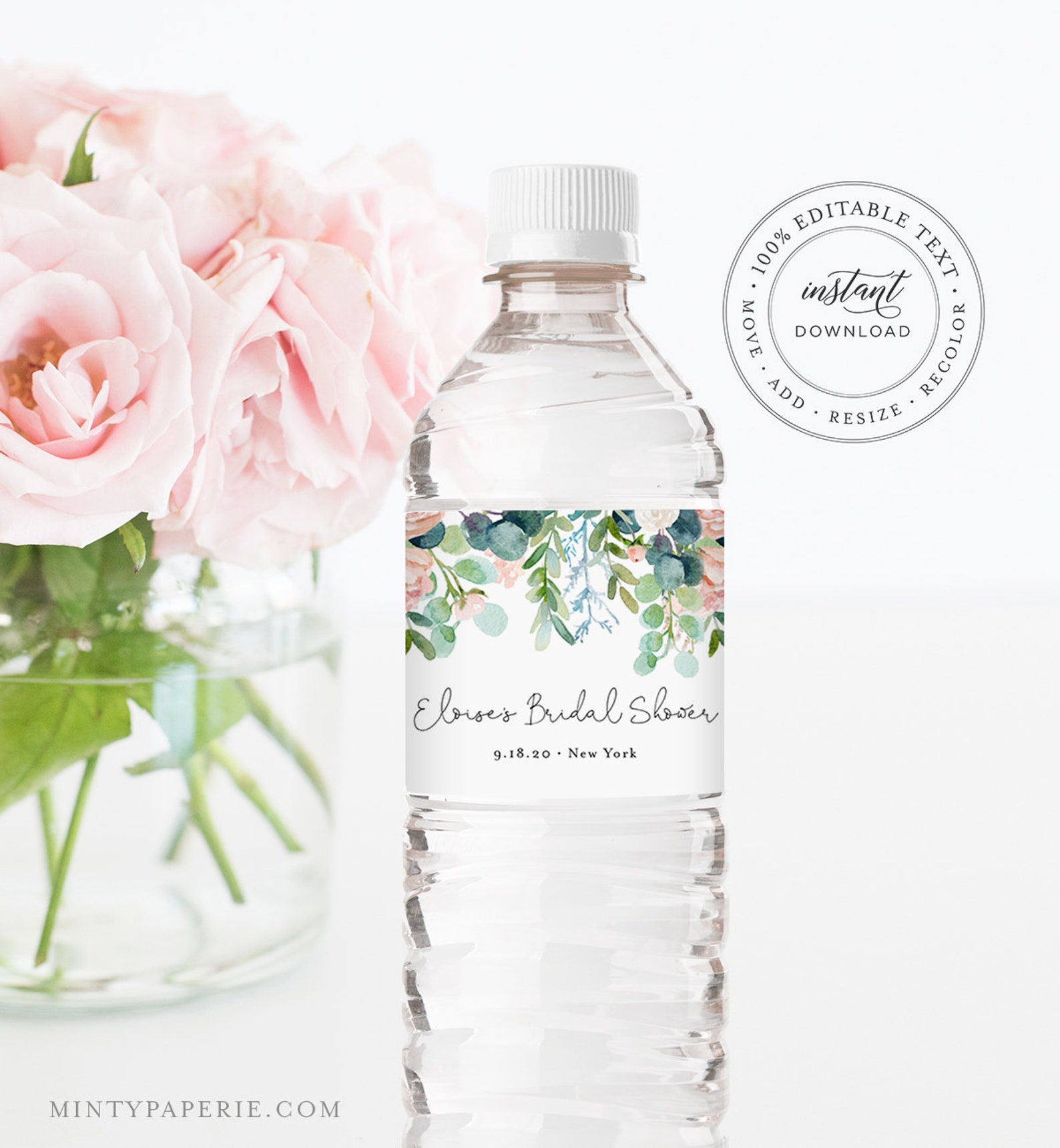 Garden Water Bottle Label Template, Greenery Wedding Water Sticker ...
