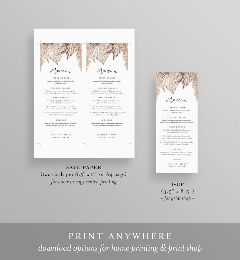 Pampas Menu Template Bohemian Printable Dried Foliage & Palm - Etsy