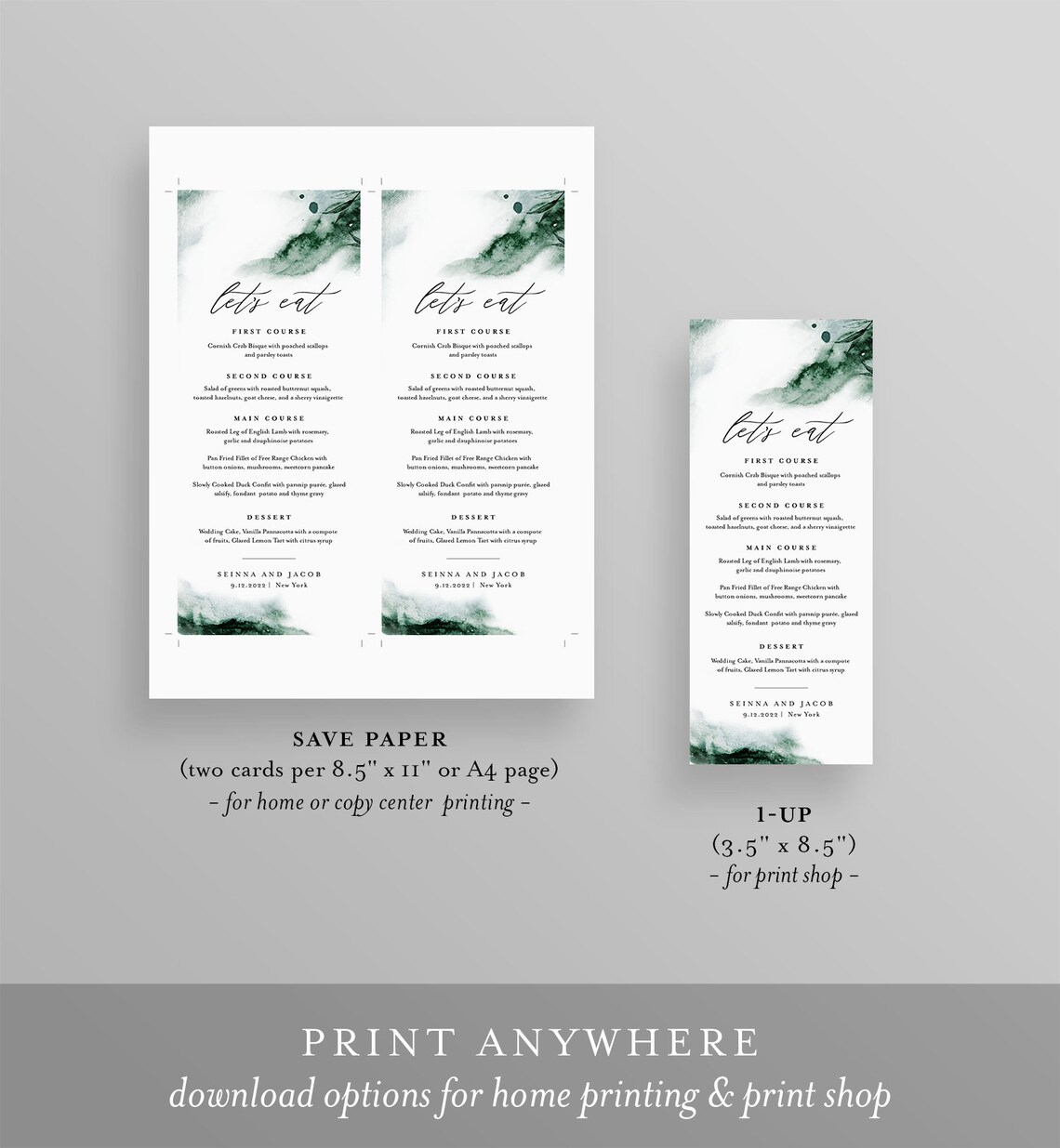 Emerald Waters Menu Template Printable Watercolor Lake - Etsy