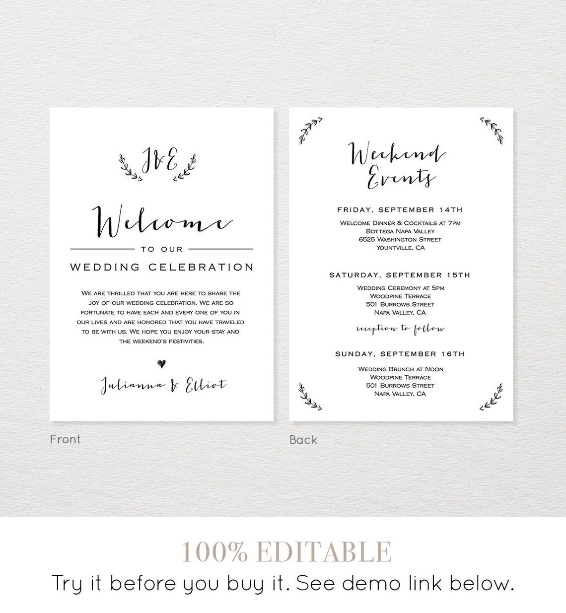 Wedding Itinerary & Welcome Letter Template Welcome Bag Note | Etsy