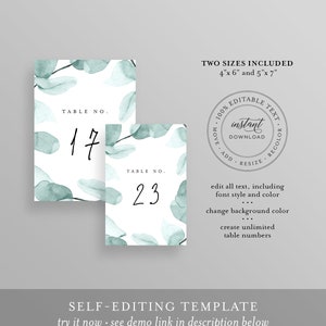 Greenery Table Number Template, Printable Wedding Table Card, INSTANT ...