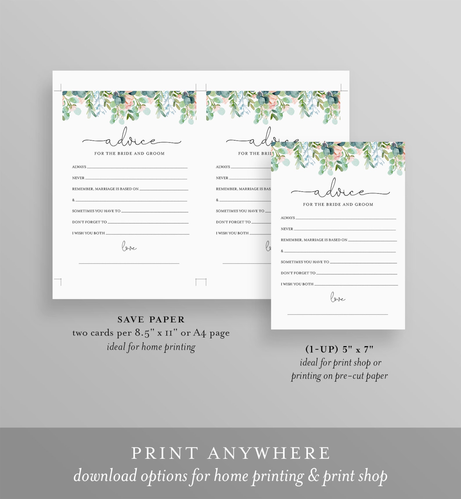 Bridal Shower Advice Card Template Printable Garden Wedding - Etsy