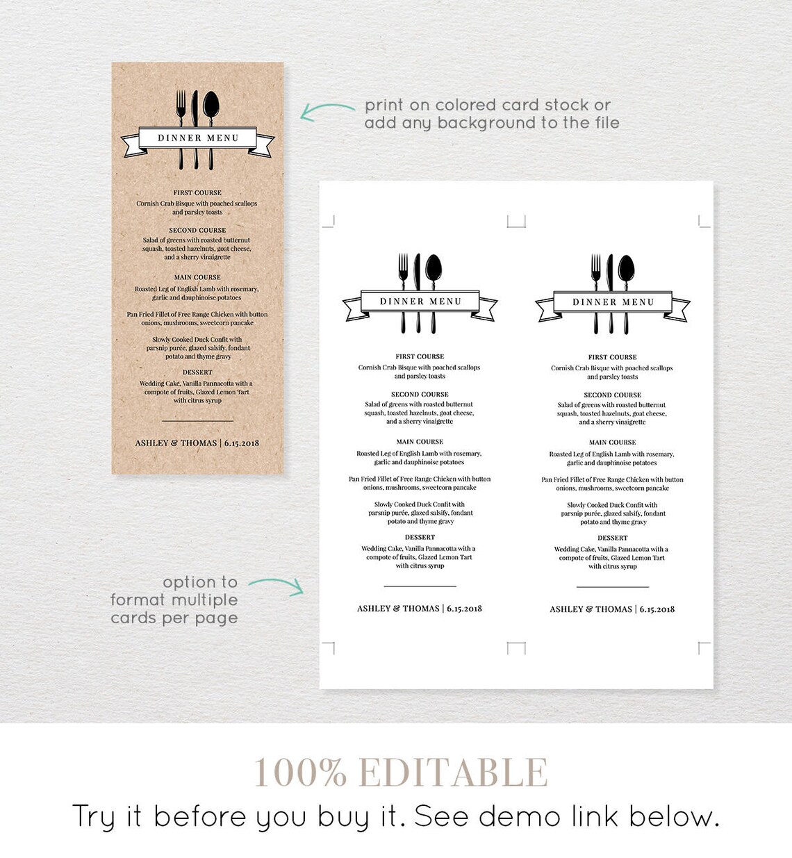 Printable Menu Card INSTANT DOWNLOAD Wedding Dinner Menu - Etsy
