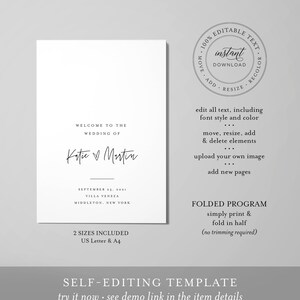 Minimalist Wedding Program Template, Modern Script Order of Service ...