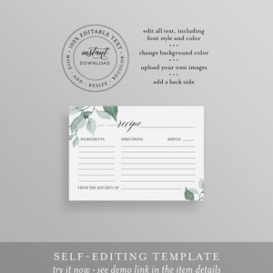 Recipe Card Printable, INSTANT DOWNLOAD, Greenery Wedding Recipe Card ...