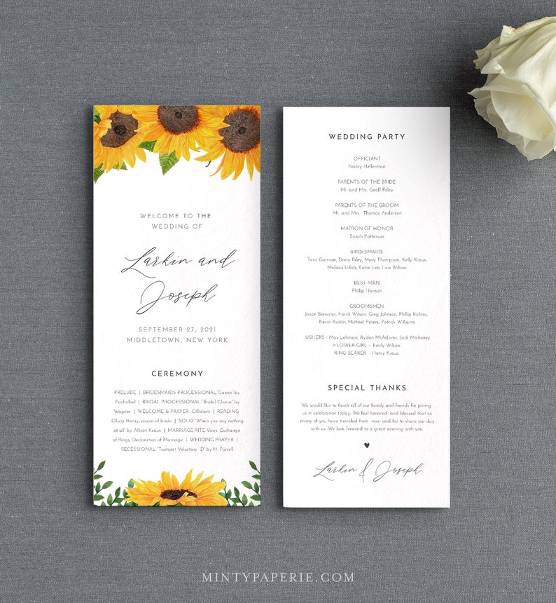 Sunflower Wedding Program Template Rustic Sunflower Order of | Etsy