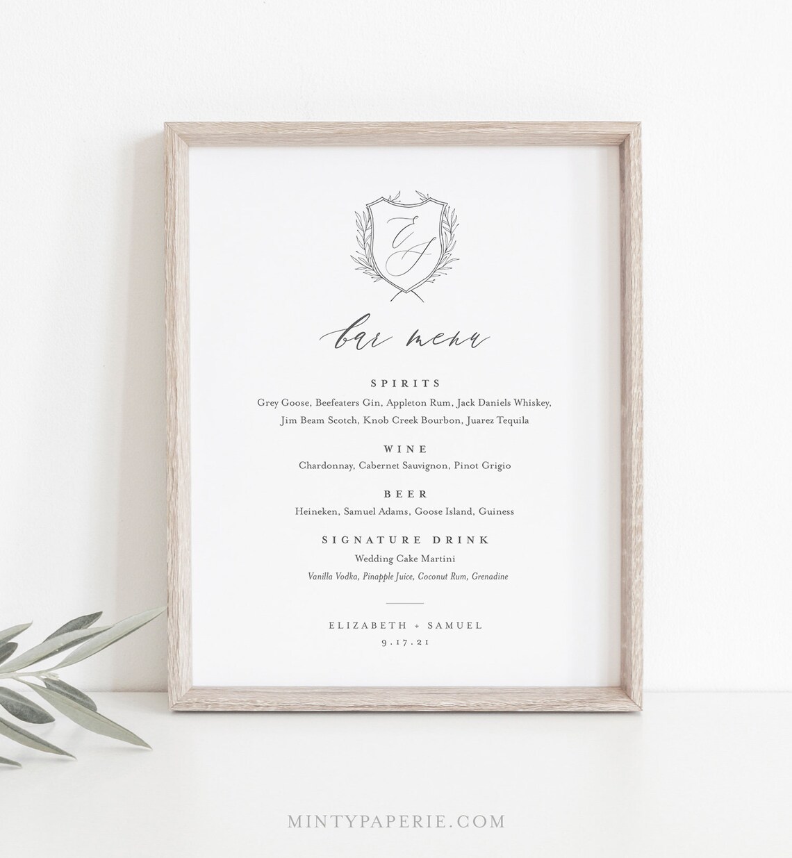 Wedding Bar Menu Template, Printable Monogram Drinks Sign, Alcohol ...