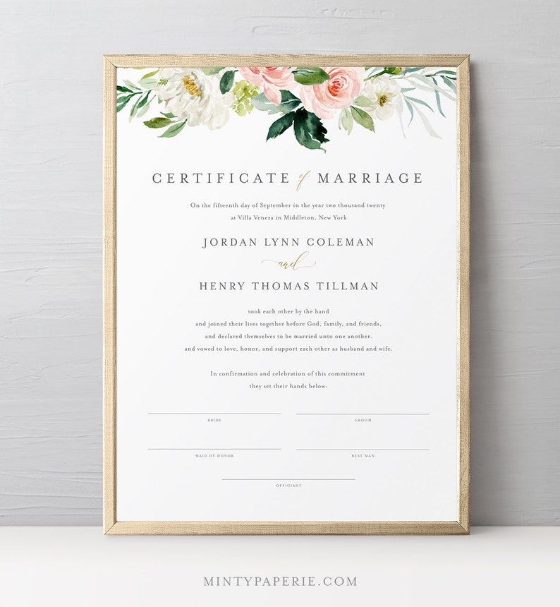 Marriage Certificate, Boho Blush Floral Wedding Certificate, Wedding ...