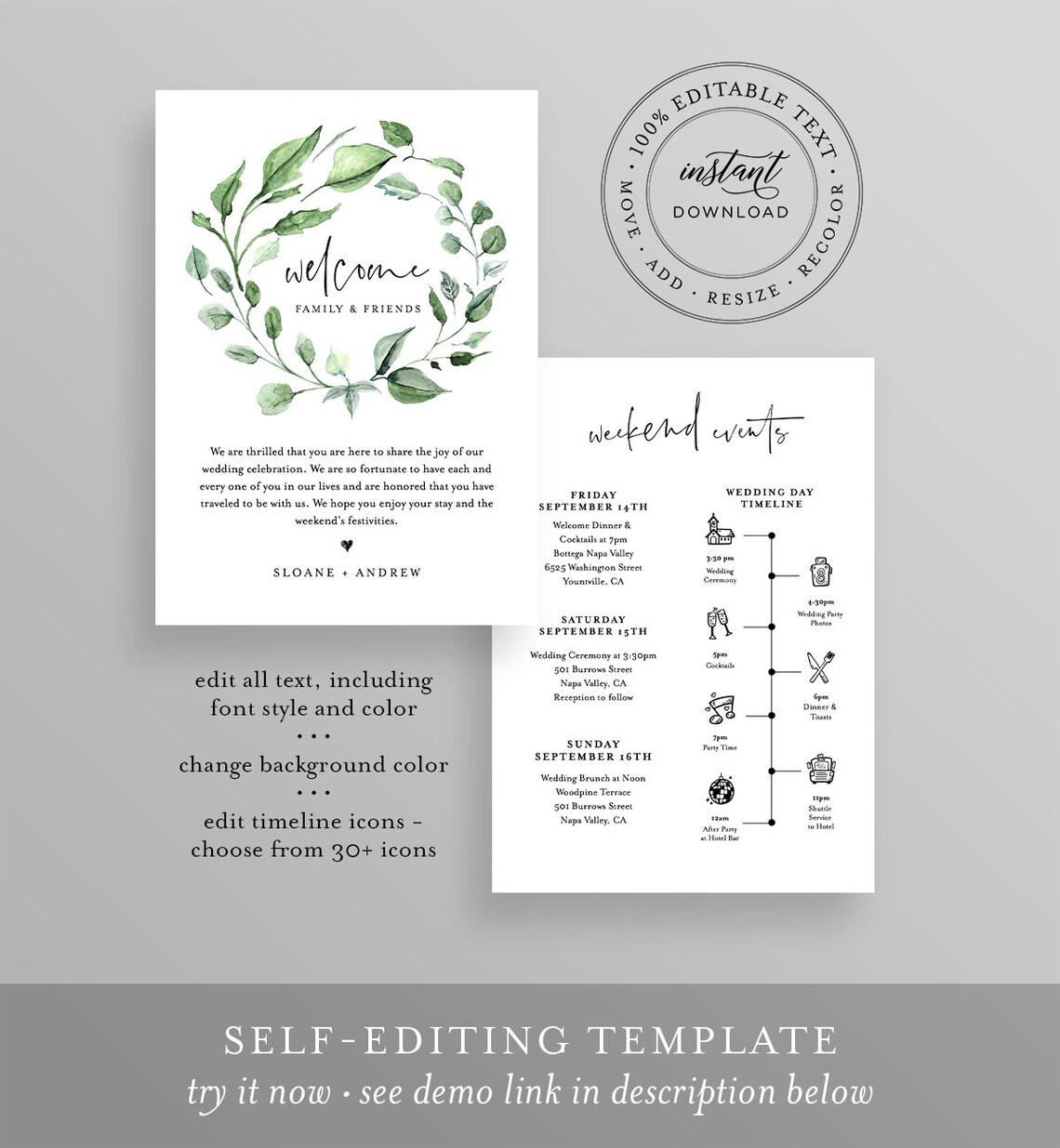 Welcome Letter & Timeline Template Greenery Wedding Bag - Etsy