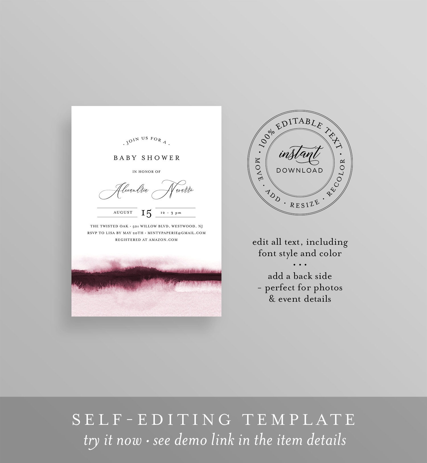Baby Shower Invitation Template Printable Baby Shower Invite Burgundy Watercolor Editable baby-shower-invitation-template-printable-baby-shower-invite-burgundy-watercolor-editable