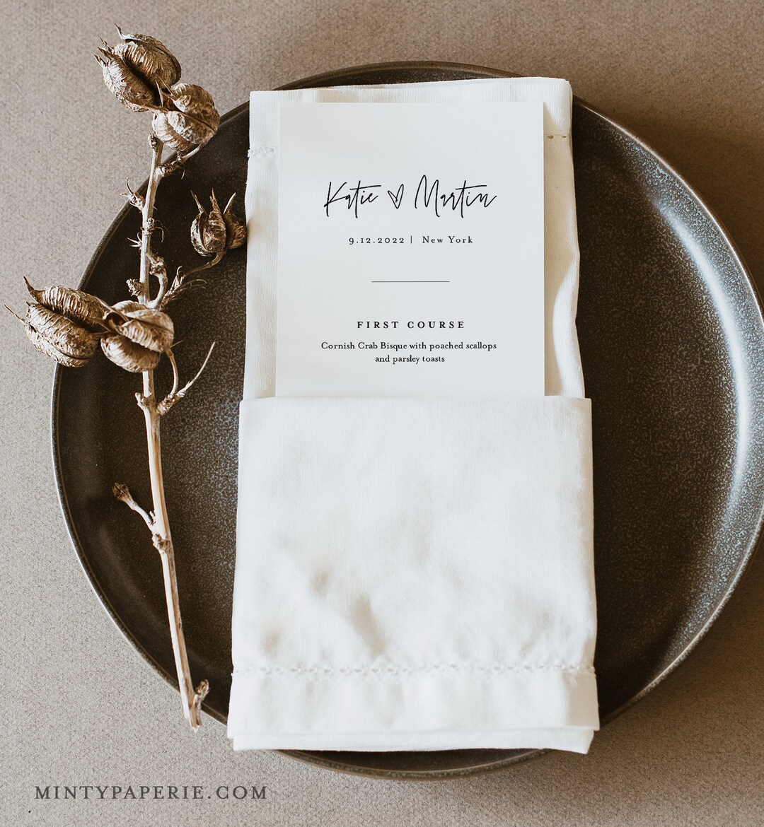 Minimalist Menu Template, Printable Modern Simple Wedding Dinner Menu ...