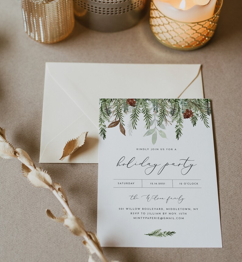 Holiday Party Invitation, Printable Rustic Pine Christmas Party Invite ...