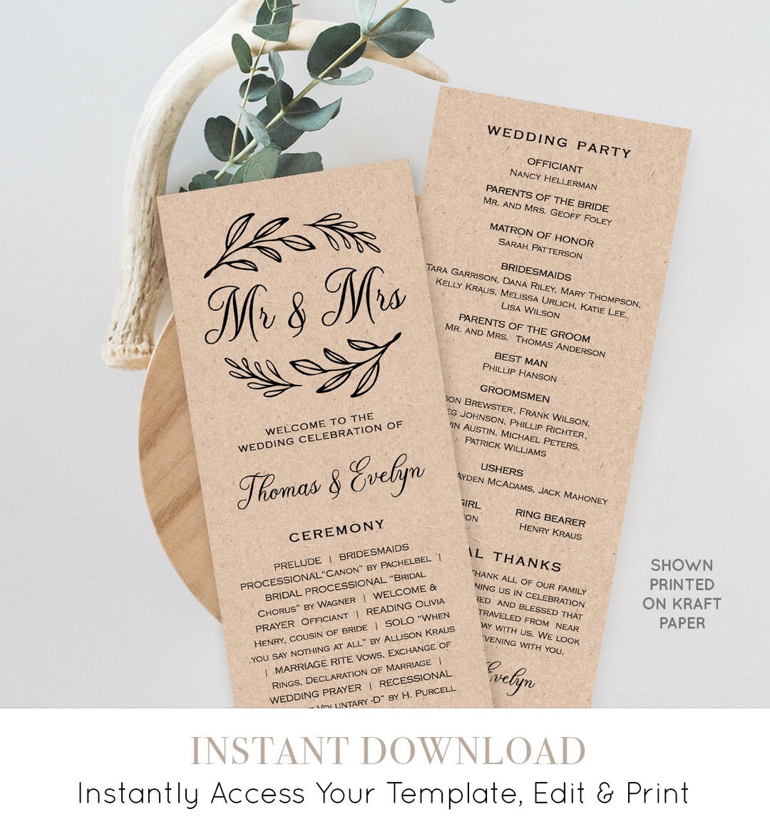 Wedding Program Template, Printable Order of Service, Ceremony Program ...