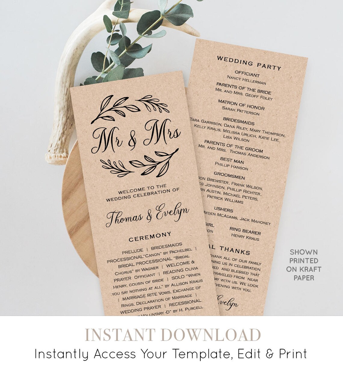 Wedding Program Template Printable Order of Service Ceremony - Etsy