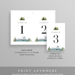 Lake Table Number Cards, Printable Mountain Pine Wedding Table Number ...