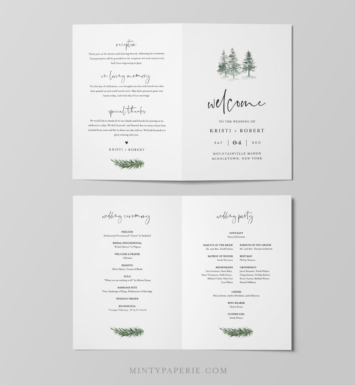 Pine Wedding Program Template Rustic Winter Folded Order of - Etsy