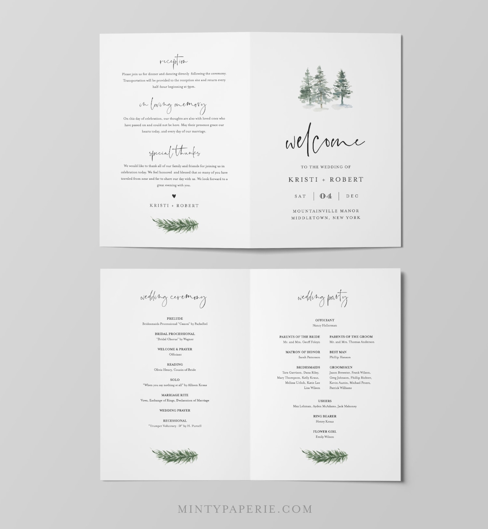 Pine Wedding Program Template Rustic Winter Folded Order of - Etsy