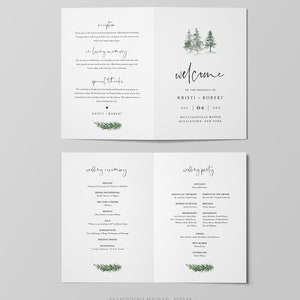 Pine Wedding Program Template, Rustic Winter, Folded Order of Service, Ceremony, INSTANT ...