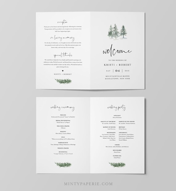 Paper Pine Wedding Program Template Folded Booklet Rustic Winter Ceremony Editable Text with ...